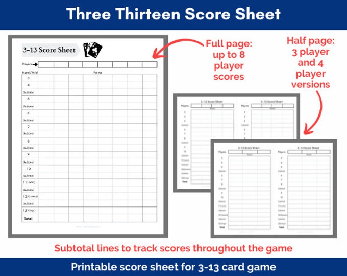 3-13 Game Score Sheets, Three Thirteen Card Game Score Sheets, 3 to 13 ...