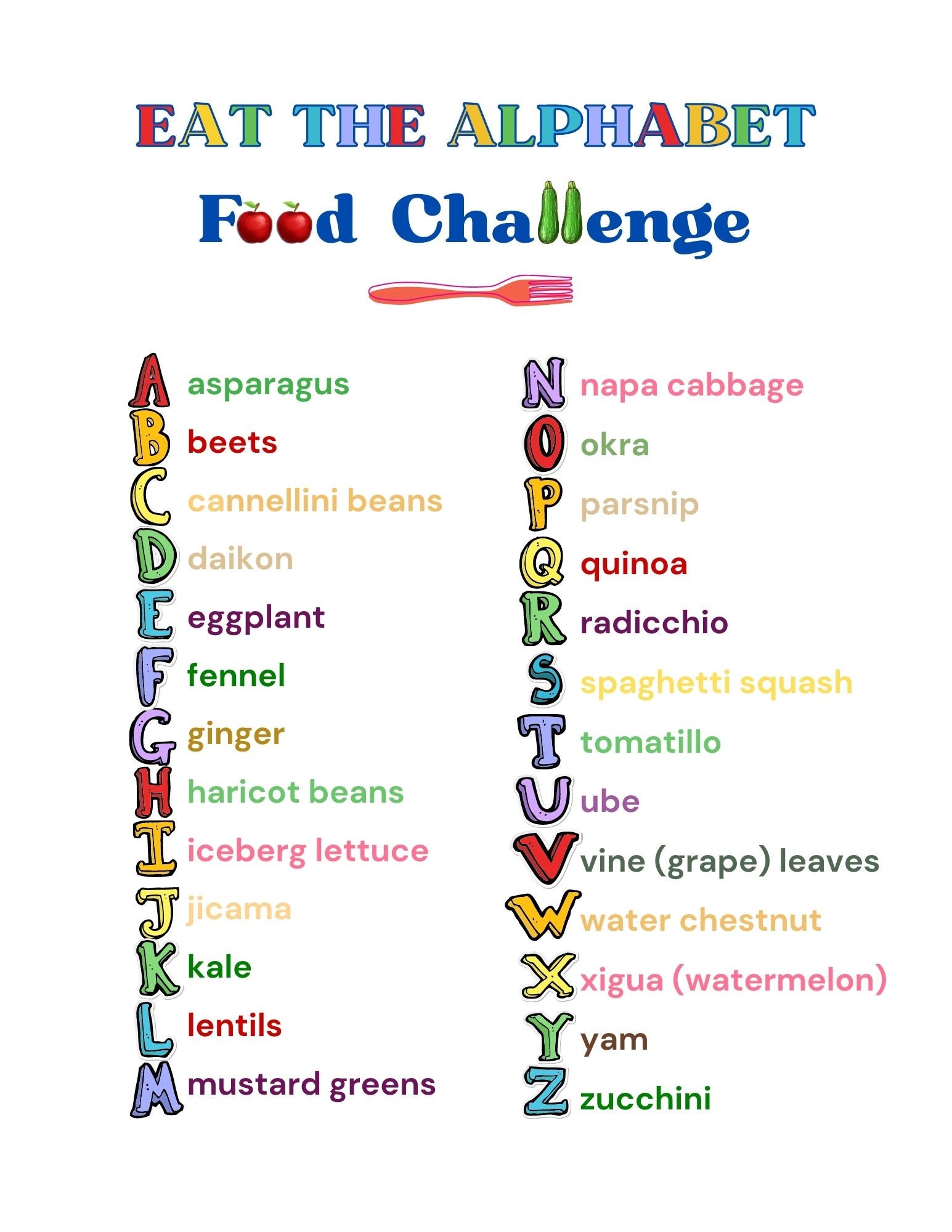 Eat the Alphabet Healthy Food Challenge: A-Z Printable List (digital ...