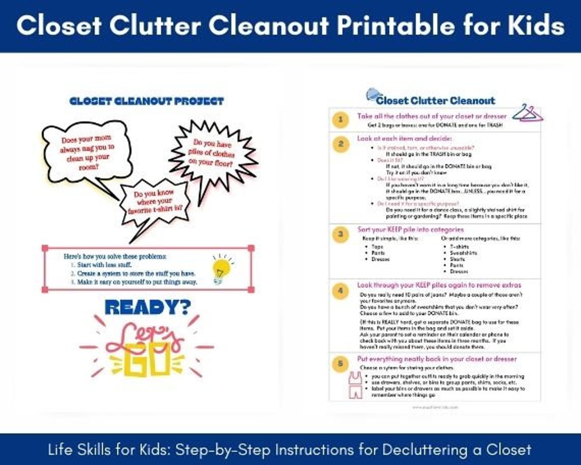 Closet Clutter Cleanout Printable for Kids, Life Skills for Kids, Kids ...