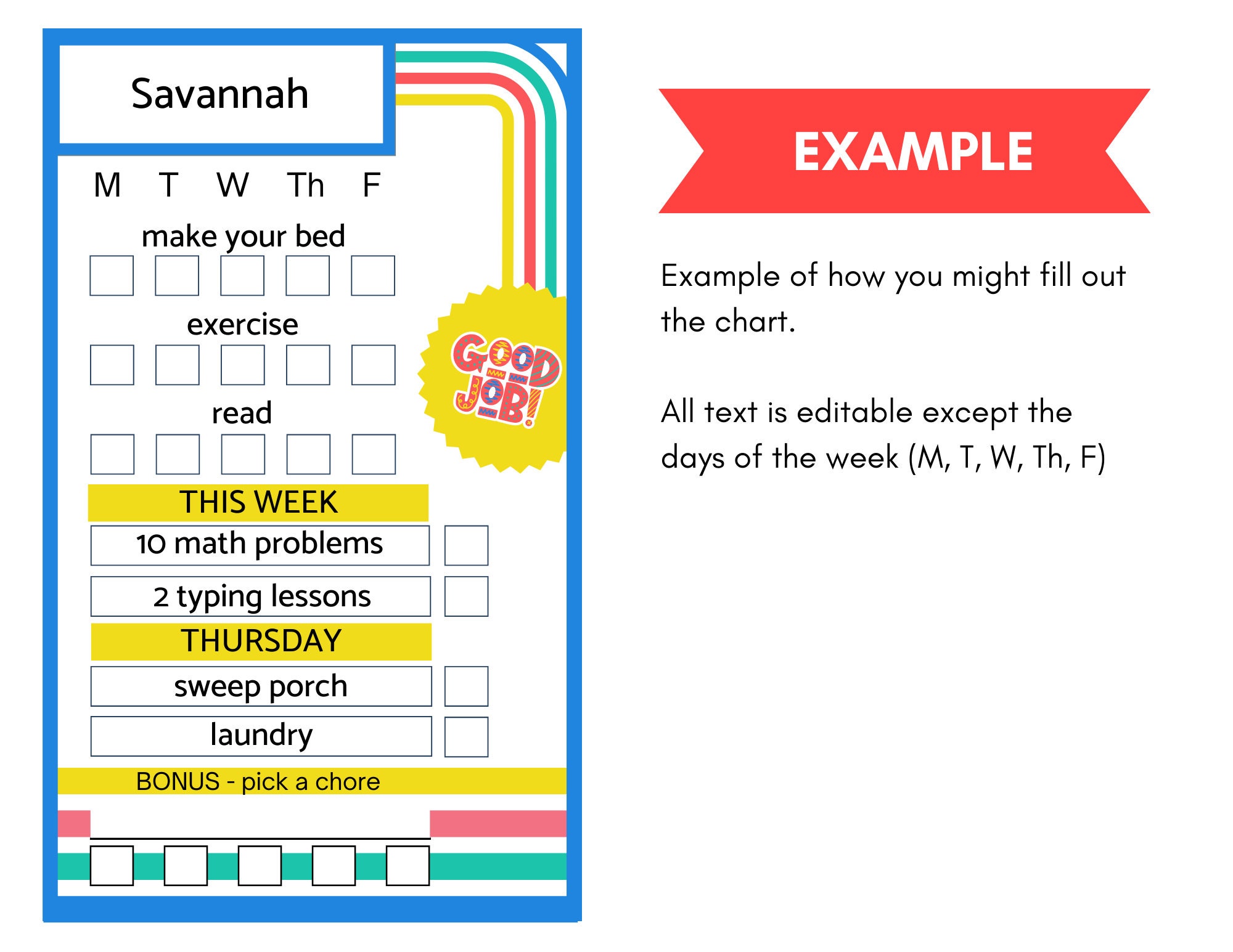 Editable Bright Cheerful Chore Chart, Simple Task Reminder Chart, Kids ...