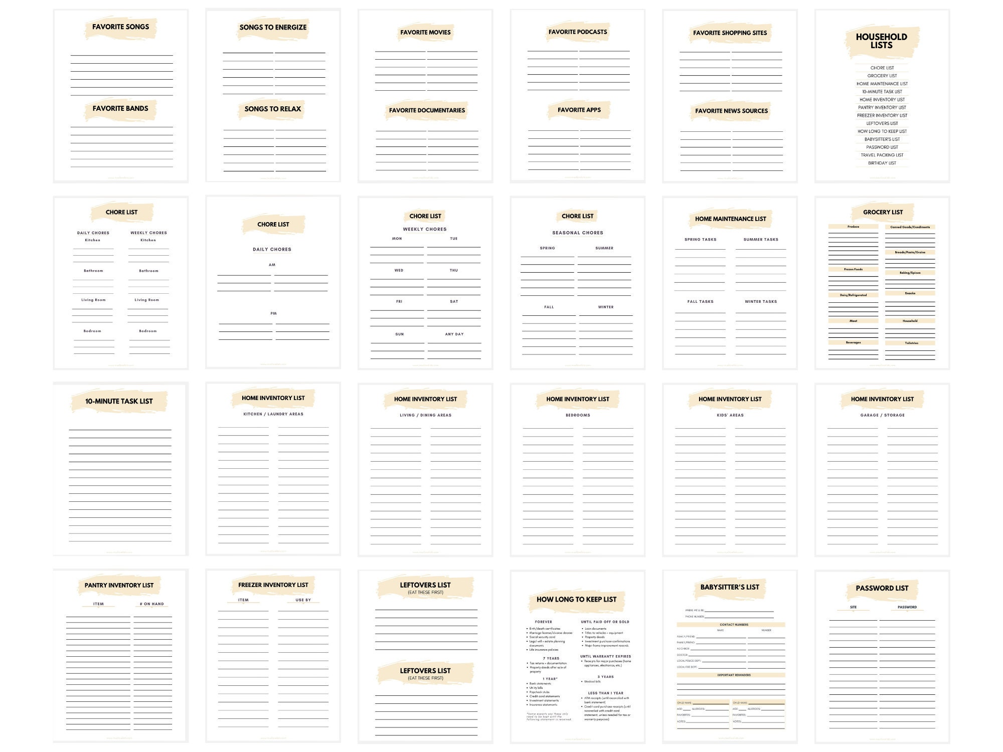 Organizing List Pack: 100+ Printable Household List Prompts (PDF ...