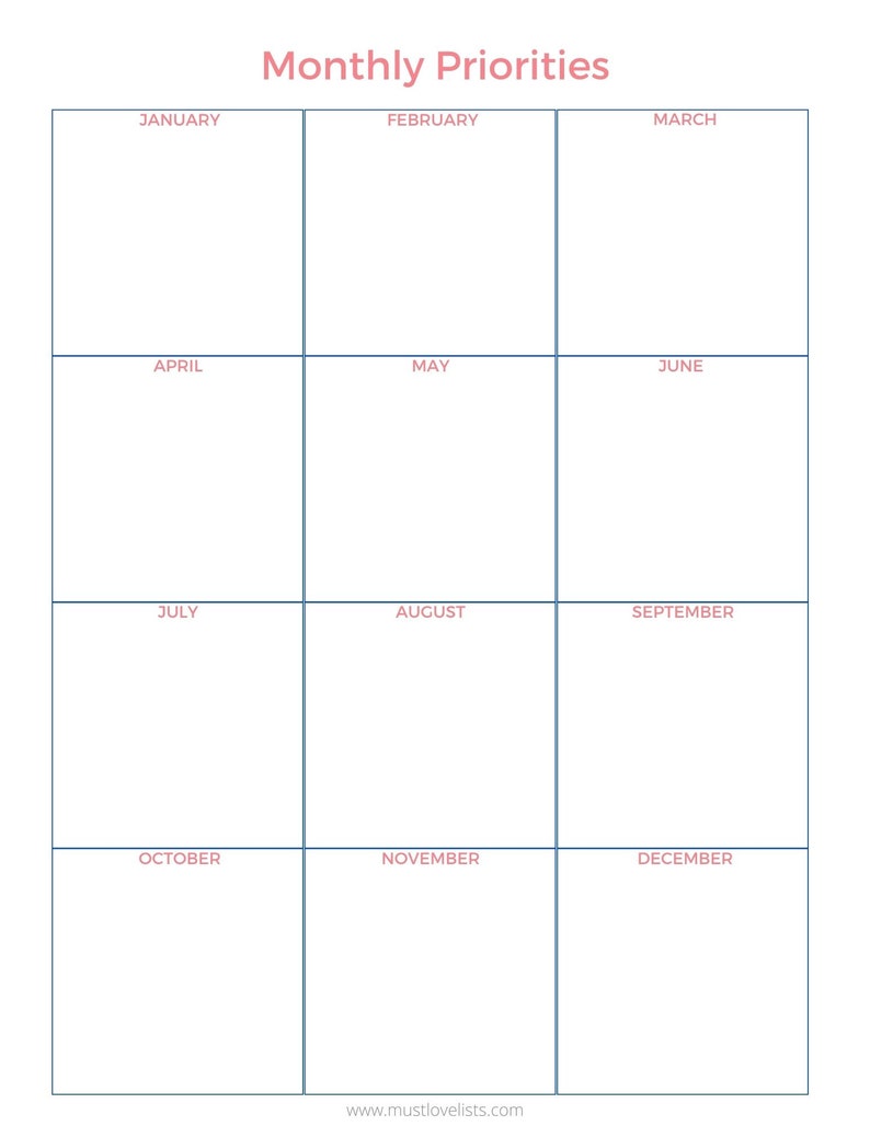 12 Month Priority Planning System, Monthly Planning Lists, Life ...