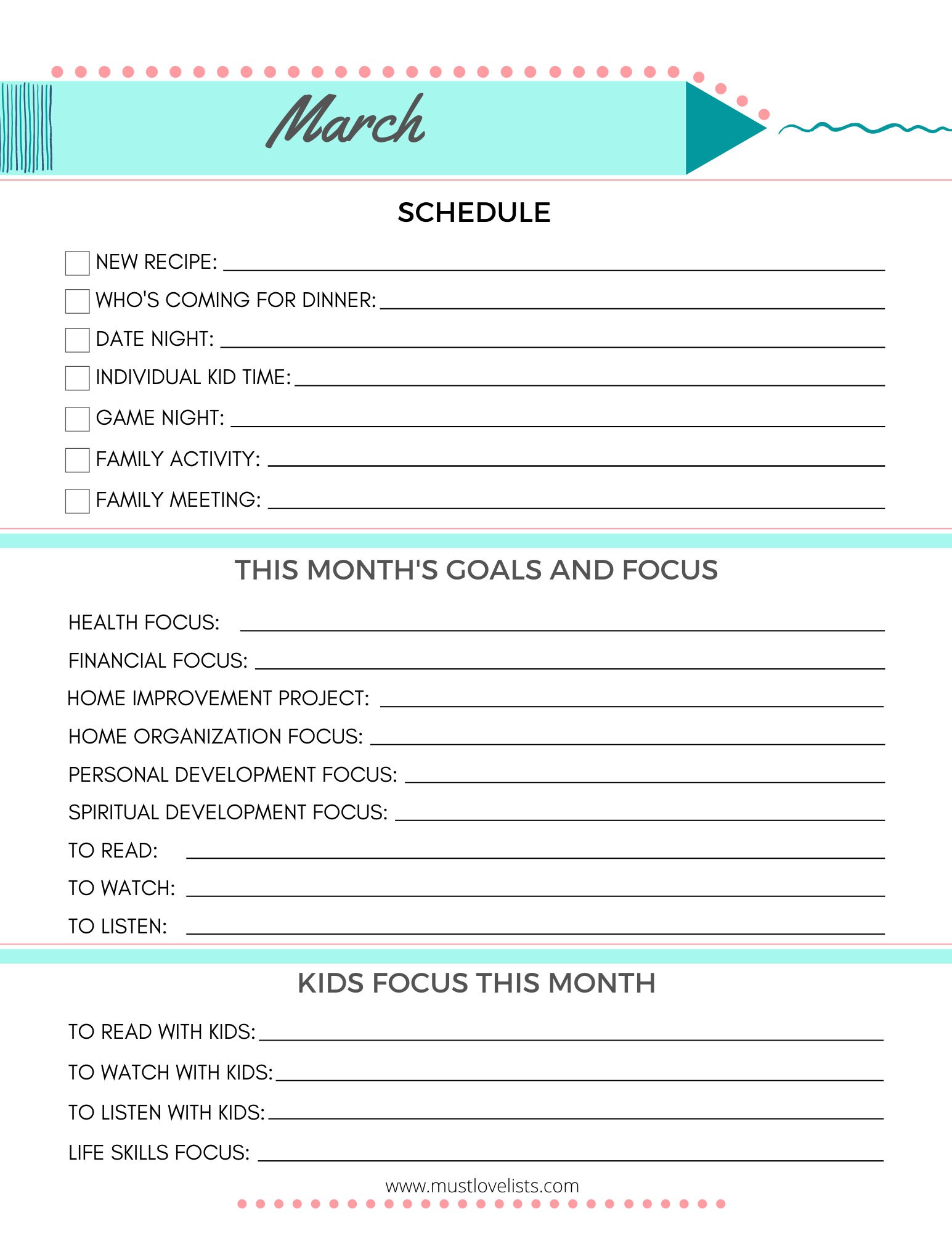 Monthly Focus Lists | Goal List | Monthly Schedule | Monthly Activities ...