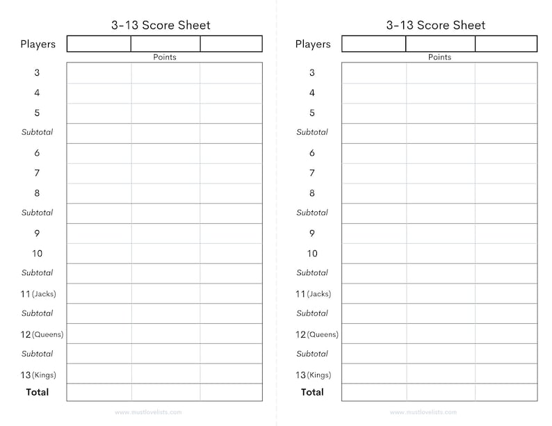 Printable Three Thirteen Score Sheets, 3-13 Card Game Score Cards - Etsy