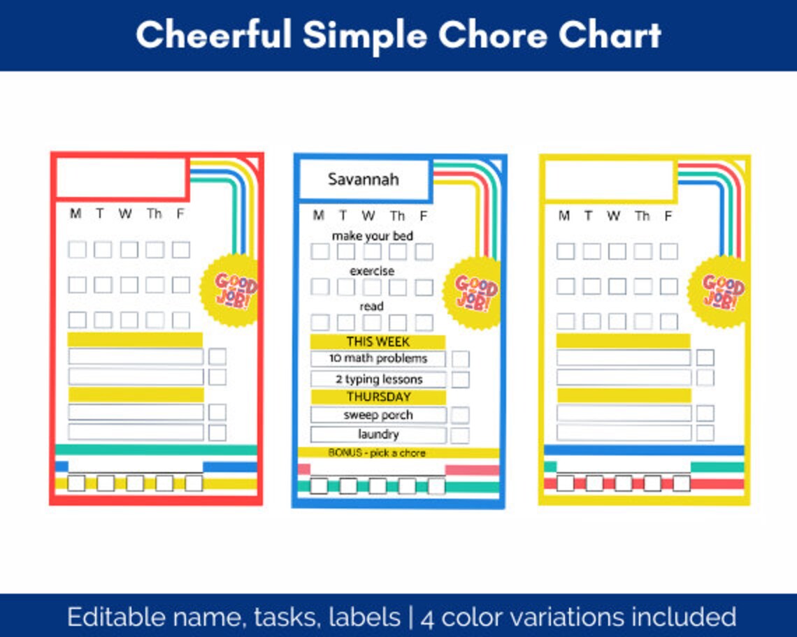 Editable Bright Cheerful Chore Chart, Simple Task Reminder Chart, Kids ...