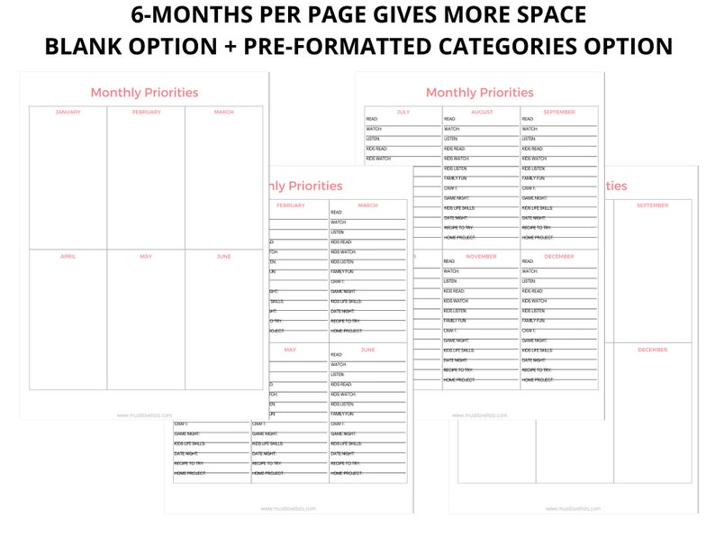 12 Month Priority Planning System, Monthly Planning Lists, Life ...