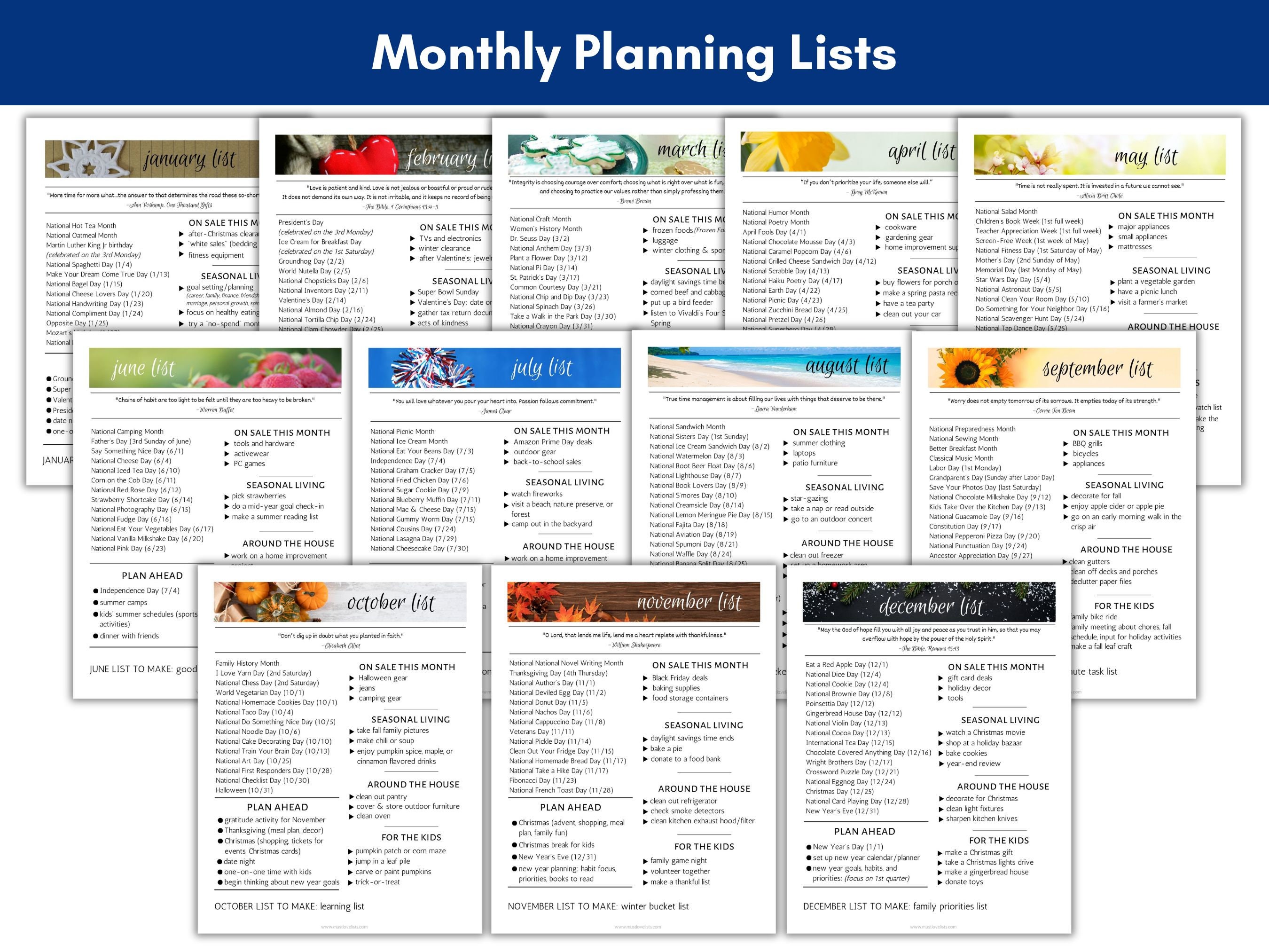 Monthly Planning Lists, Monthly Holidays, Year of Intentional Living - Etsy