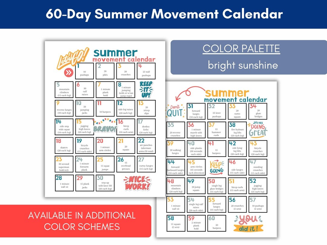 Summer Fitness Challenge Calendar: 60-day Movement Tracker (digital ...