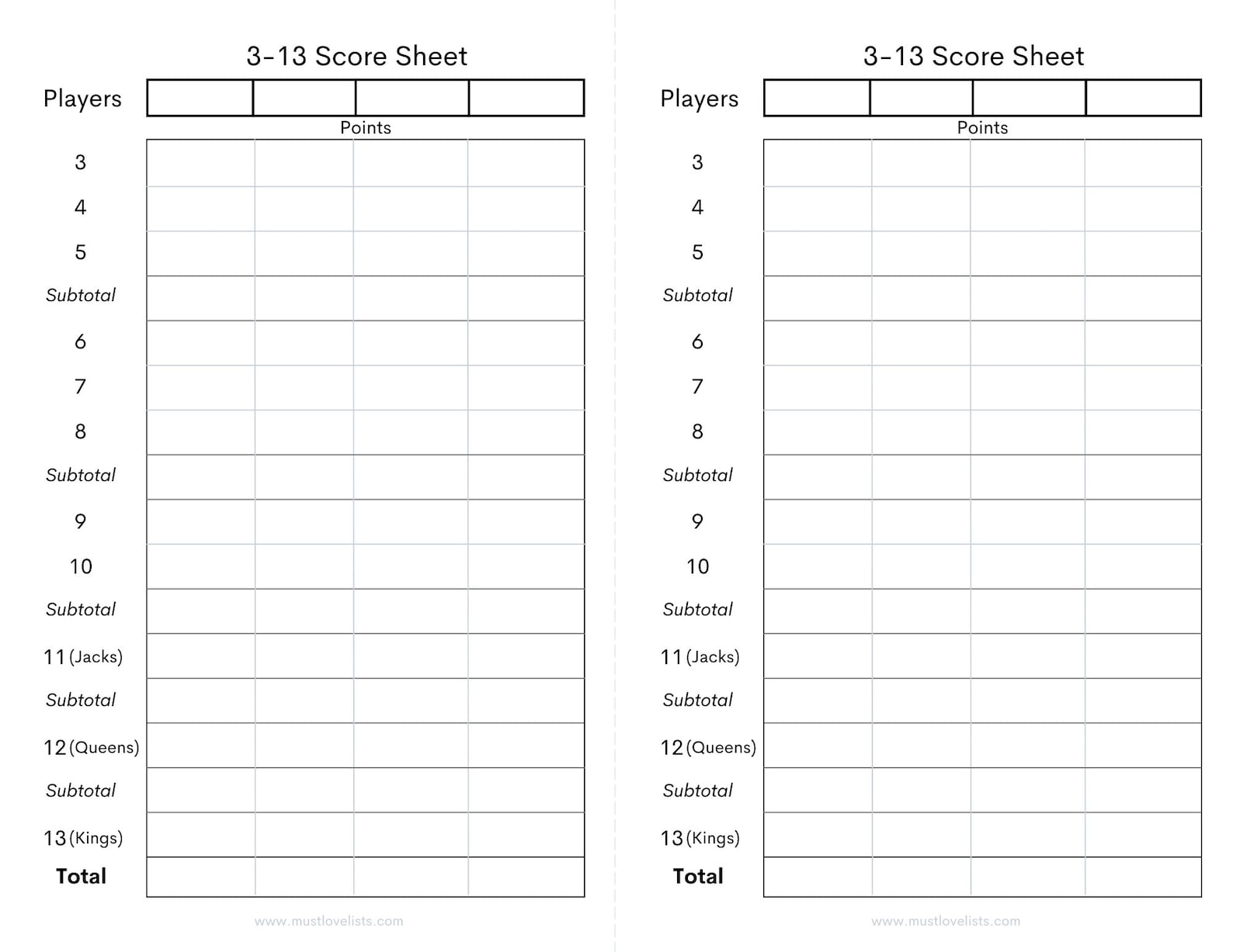 Printable Three Thirteen Score Sheets, 3-13 Card Game Score Cards - Etsy