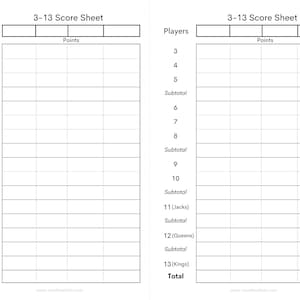 Printable Three Thirteen Score Sheets, 3-13 Card Game Score Cards - Etsy
