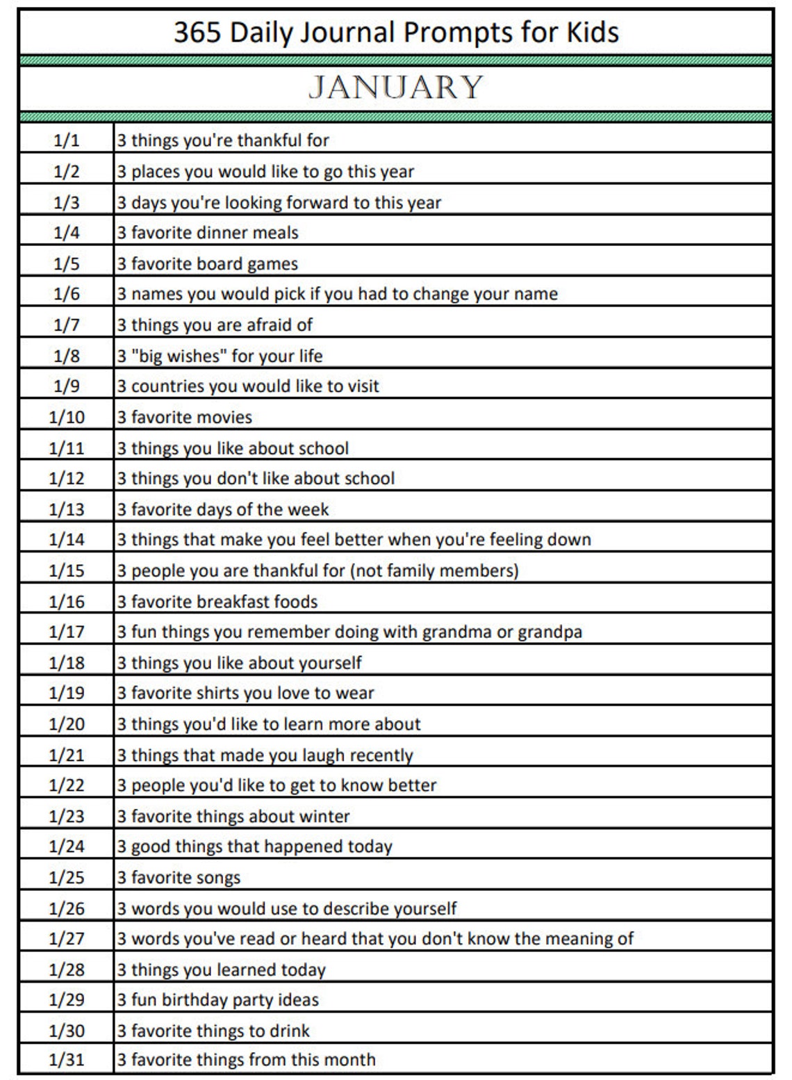 365 Daily Journal Prompts for Kids: Writing Questions (PDF Download) - Etsy