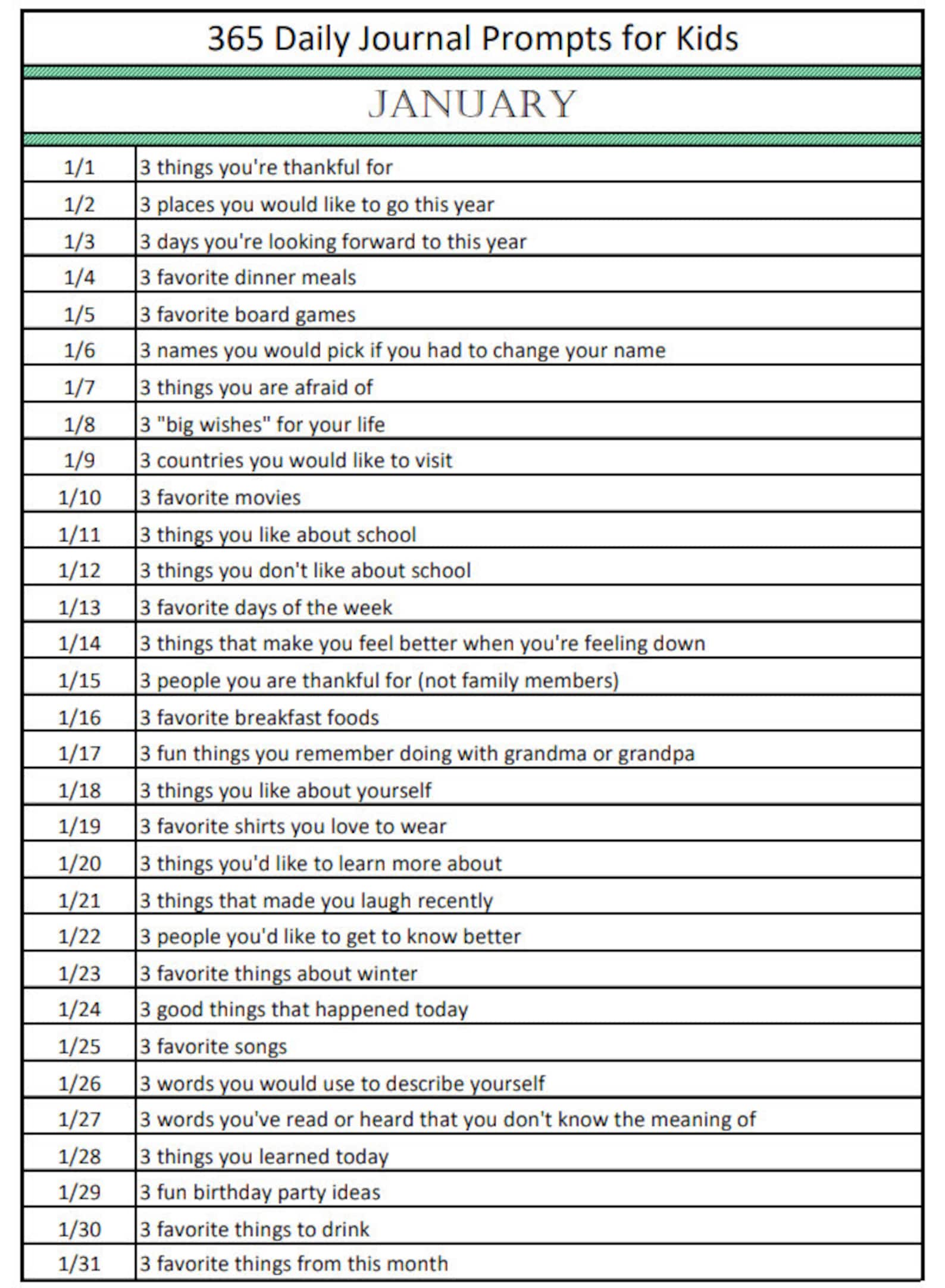 365 Daily Journal Prompts for Kids: Writing Questions (PDF Download) - Etsy