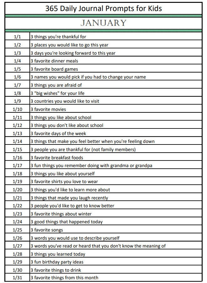 365 Daily Journal Prompts for Kids: Writing Questions (PDF Download) - Etsy