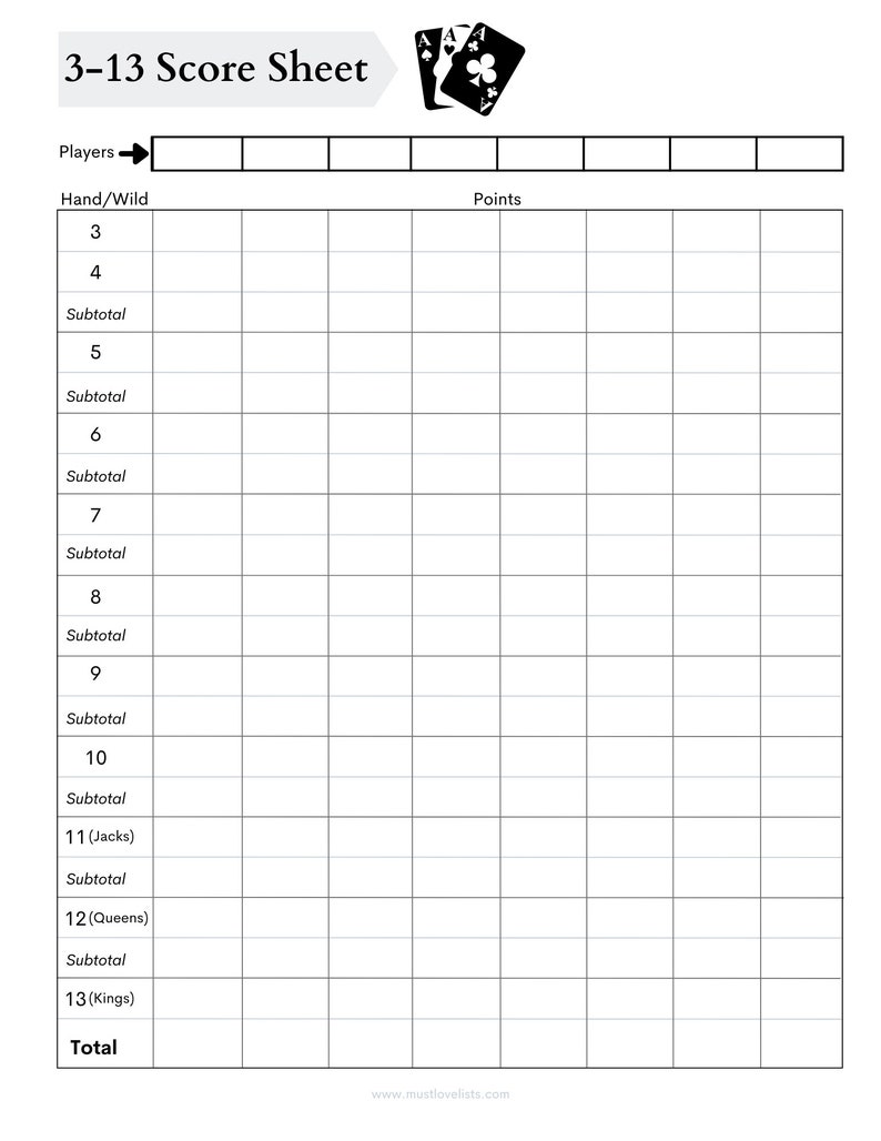 Printable Three Thirteen Score Sheets, 3-13 Card Game Score Cards - Etsy