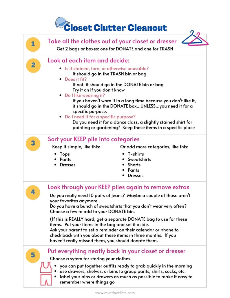 Closet Clutter Cleanout Printable for Kids, Life Skills for Kids, Kids ...