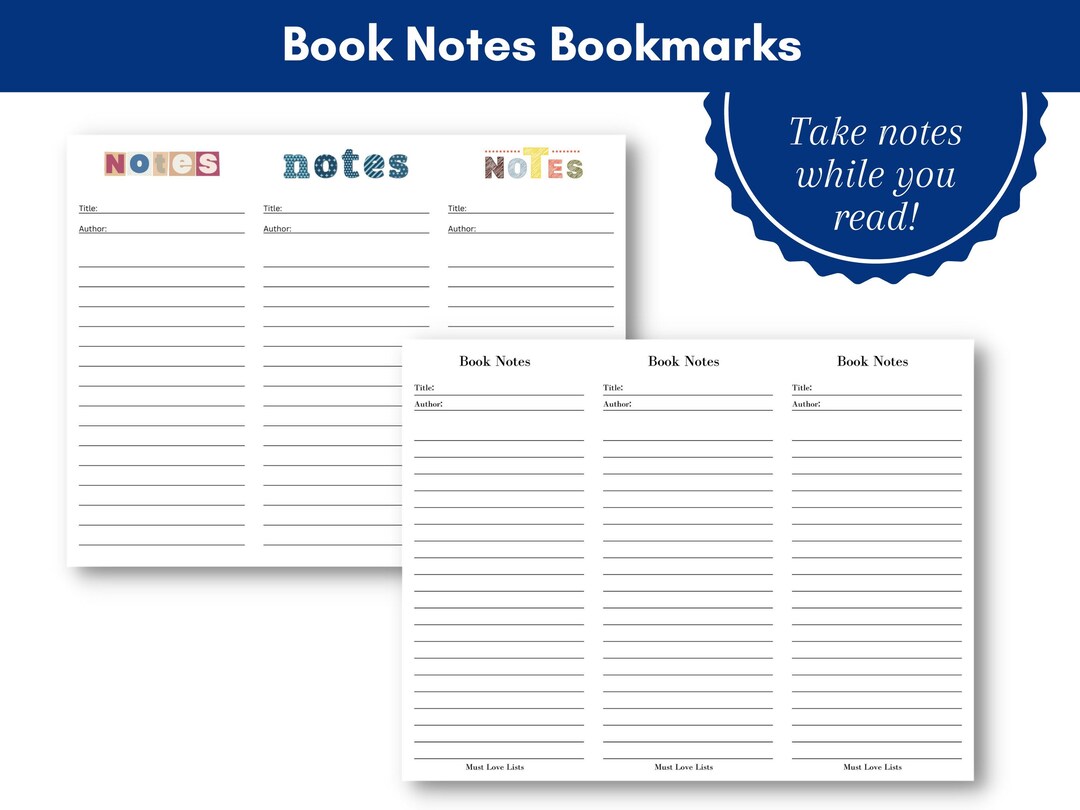Book Notes Bookmarks, Note-taking Printable Bookmark - Etsy