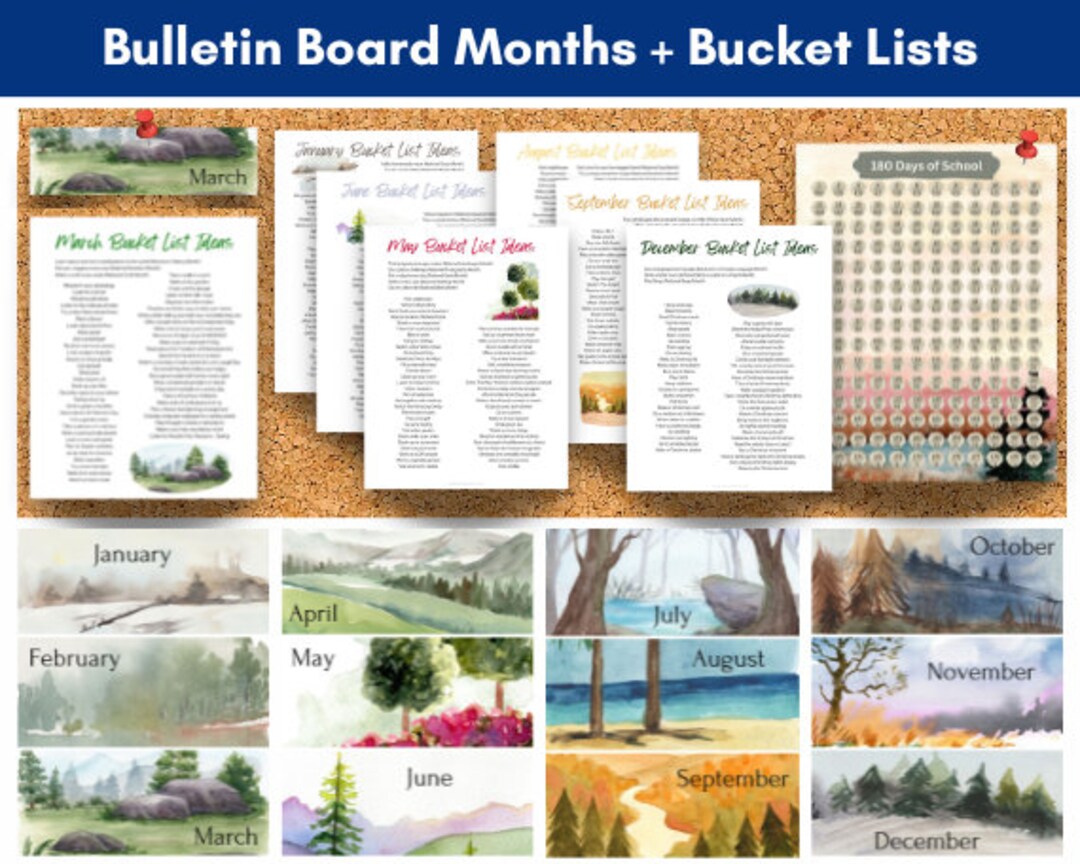 Monthly Bucket Lists, Bulletin Board Decor, Watercolor Trees Classroom ...
