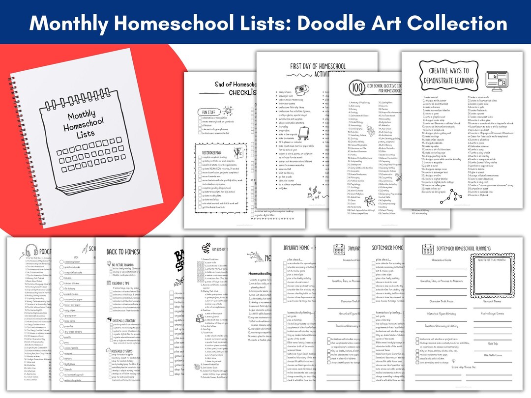 Monthly Doodle Art Homeschool Lists, Homeschool Planning Checklists - Etsy