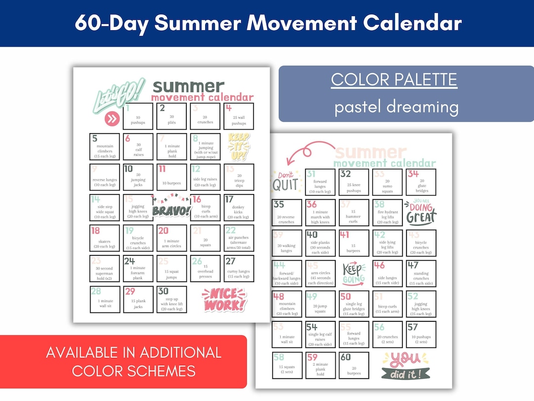 Summer Fitness Challenge Calendar: Pastel Movement Tracker (digital ...