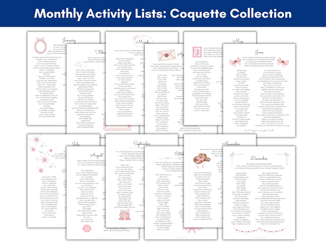 Monthly Activity Ideas, Coquette Seasonal Bucket Lists (U.S. Letter, A5 ...