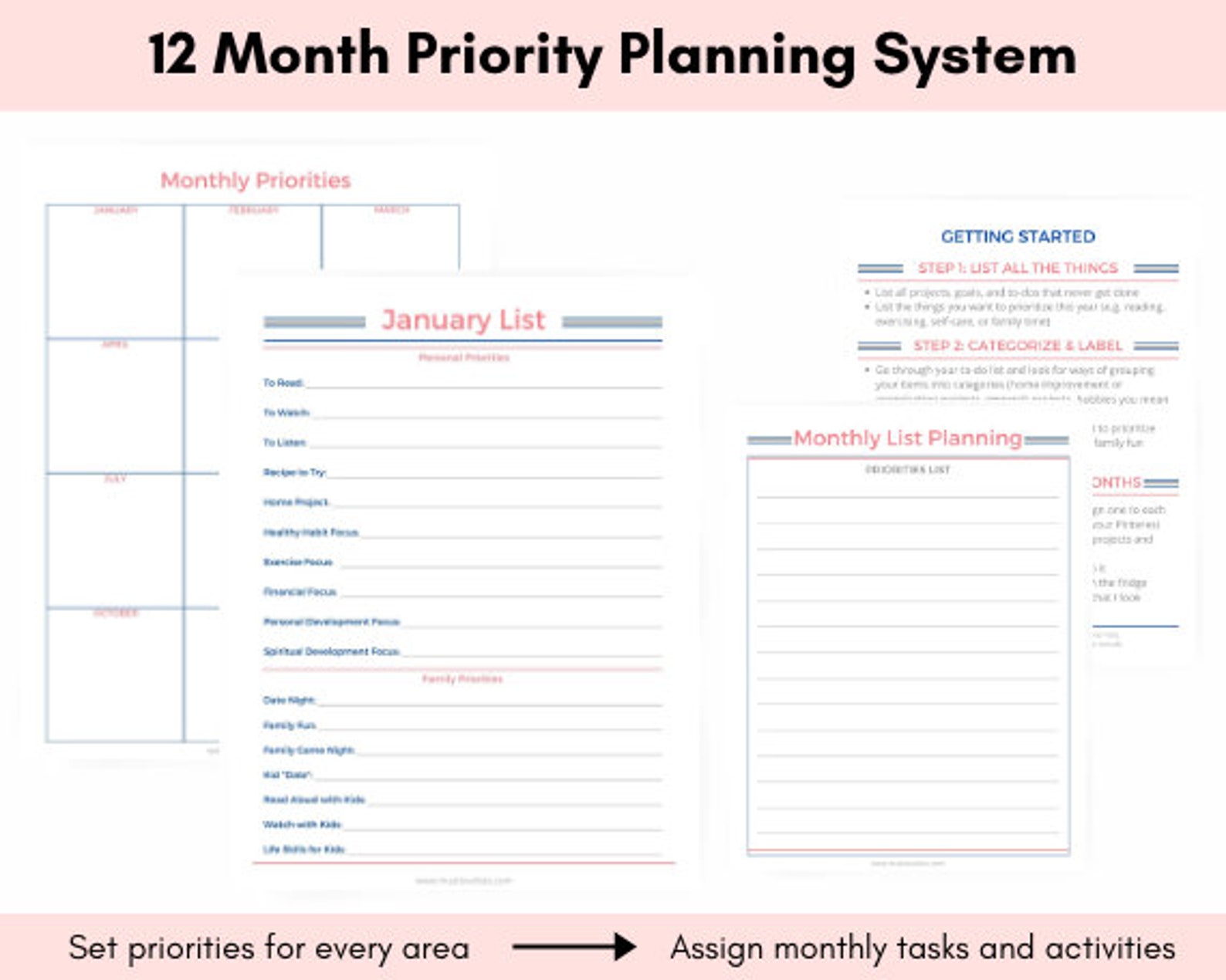 12 Month Priority Planning System, Monthly Planning Lists, Life ...