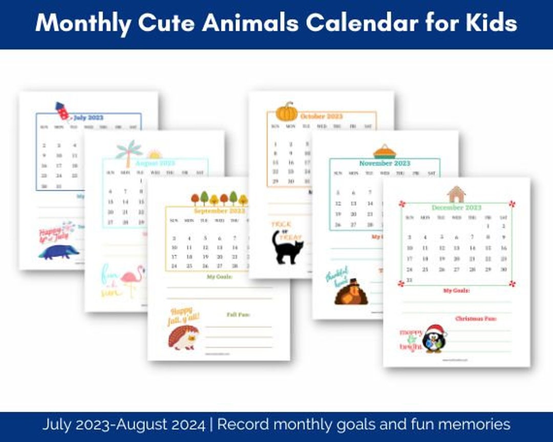 Monthly Cute Animal Calendar for Kids July 2023 August 2024 - Etsy
