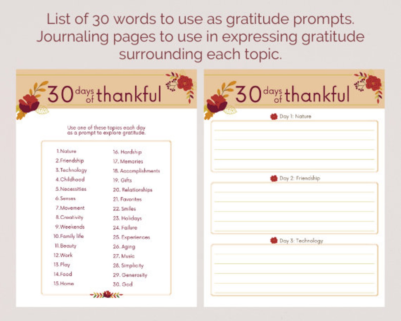 30 Days of Thankful Printable, Gratitude Prompts, Gratitude Journal - Etsy