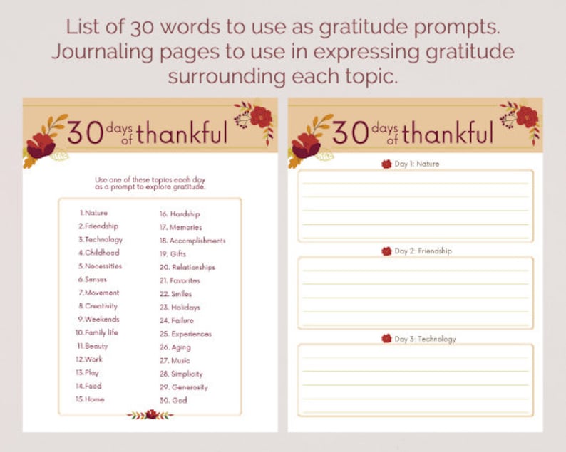 30 Days of Thankful Printable, Gratitude Prompts, Gratitude Journal - Etsy