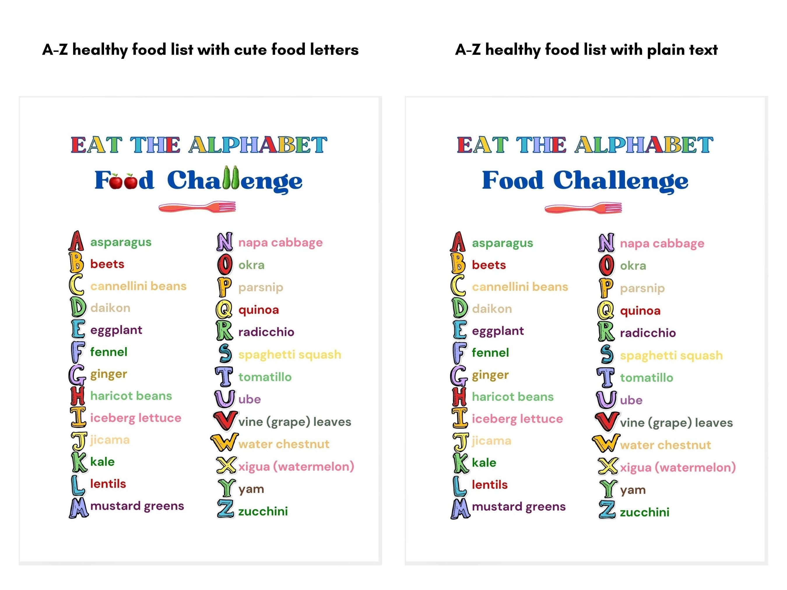 Eat the Alphabet Healthy Food Challenge: A-Z Printable List (digital ...