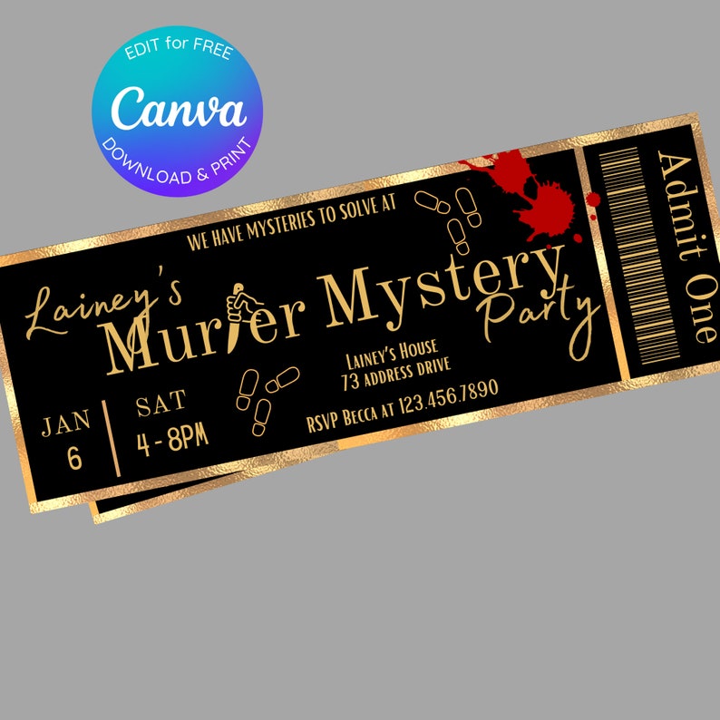Murder Mystery Birthday Ticket Invitation, Editable Template (canva) - Etsy