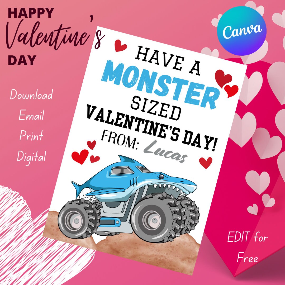 Monster Truck Valentine Boys DIY Printable Editable Instant Digital ...