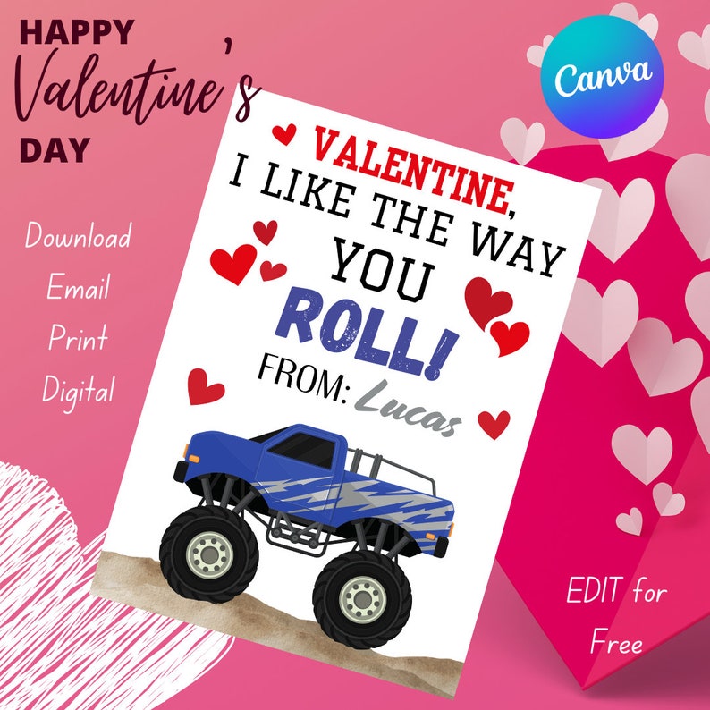 Monster Truck Valentine Boys DIY Printable Editable Instant Digital ...