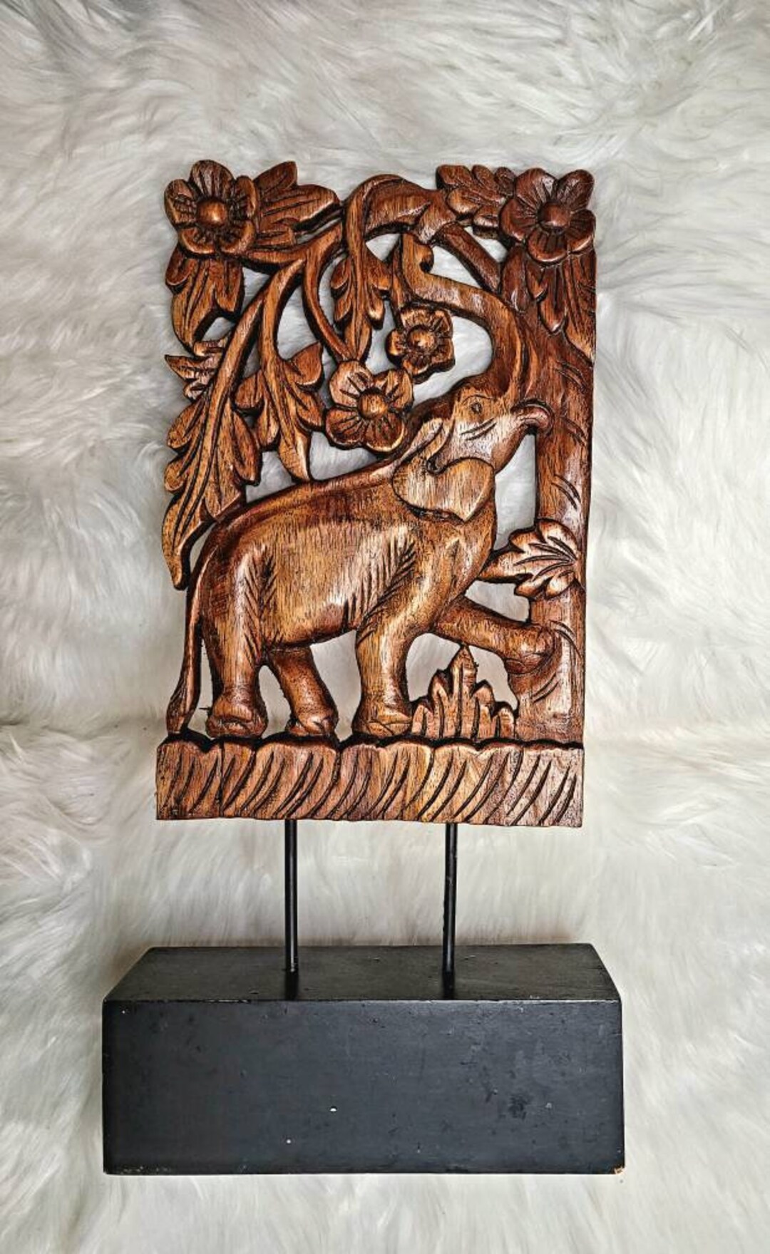 Hand Carved Vintage Wood Elephant Plaque Panellucky Elephant Folk Art ...