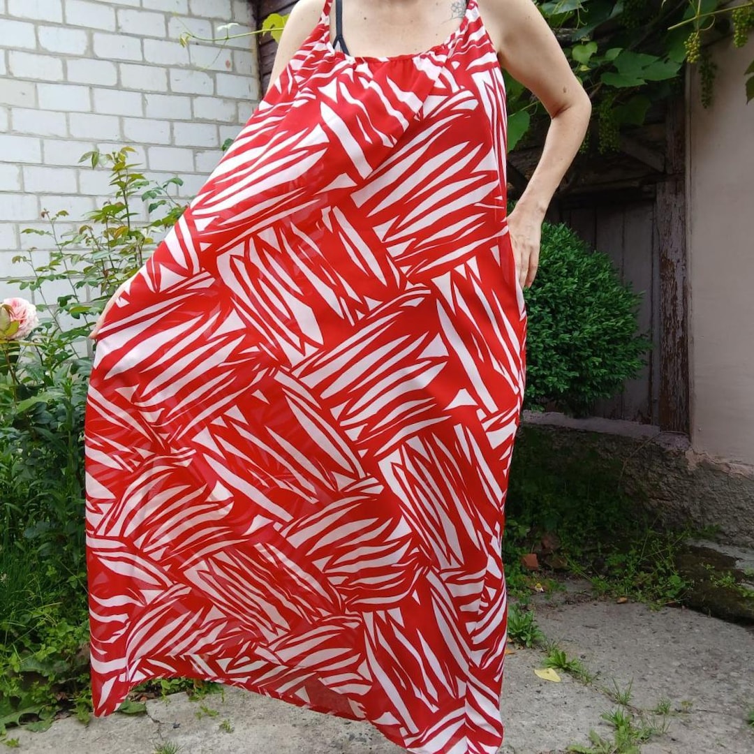Vintage Hand Made Red and White Abstract Print Womens Sheer Mesh ...