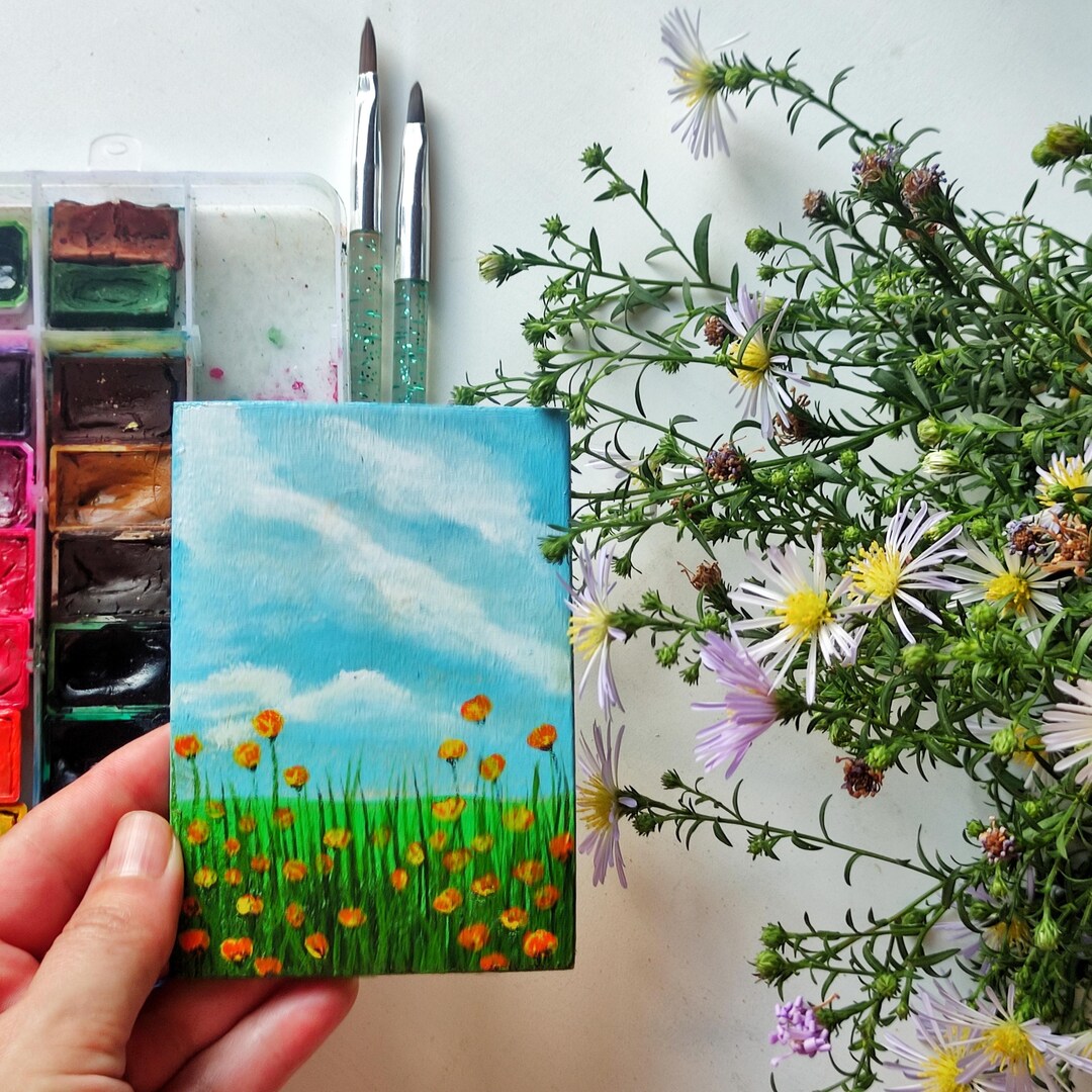 Original Acrylic Painting Landscape Miniature With Marigold Flowers on ...