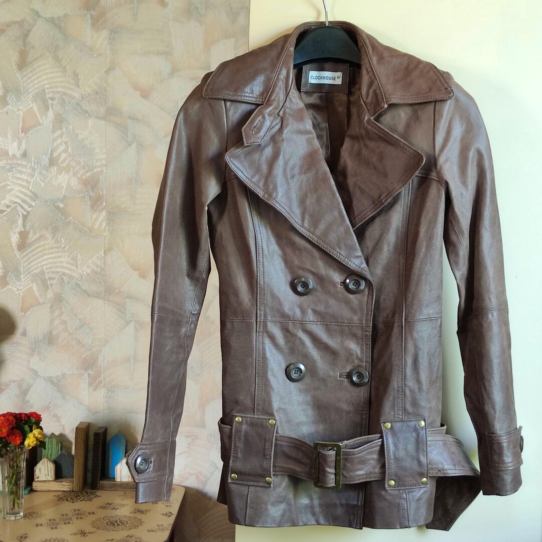 Vintage Brown Real Leather Jacket for Women V Neck Wide Belt on a Hips ...