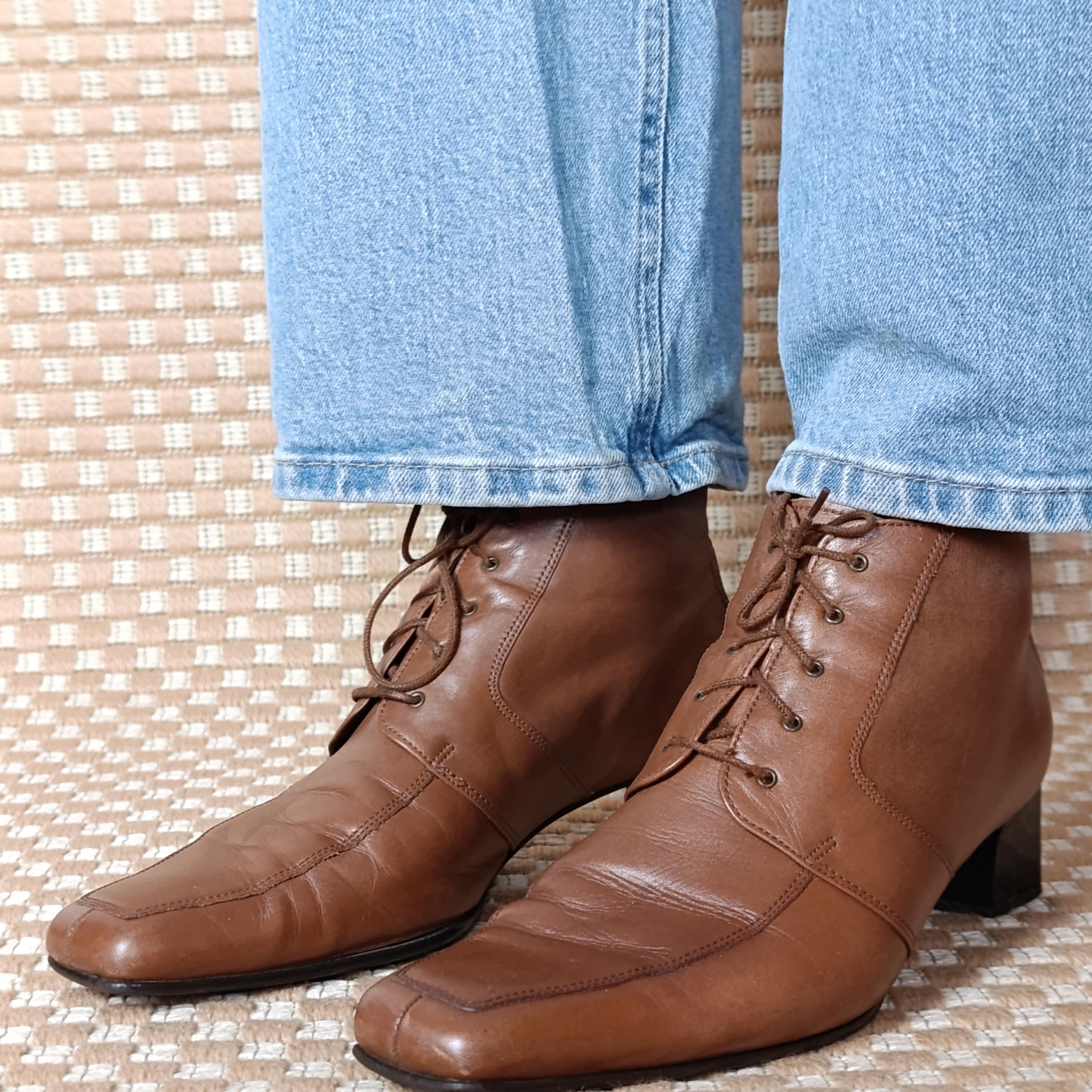 Vintage Leather Reddish-brown Block Heels Square Toe Ankle Boots by ...