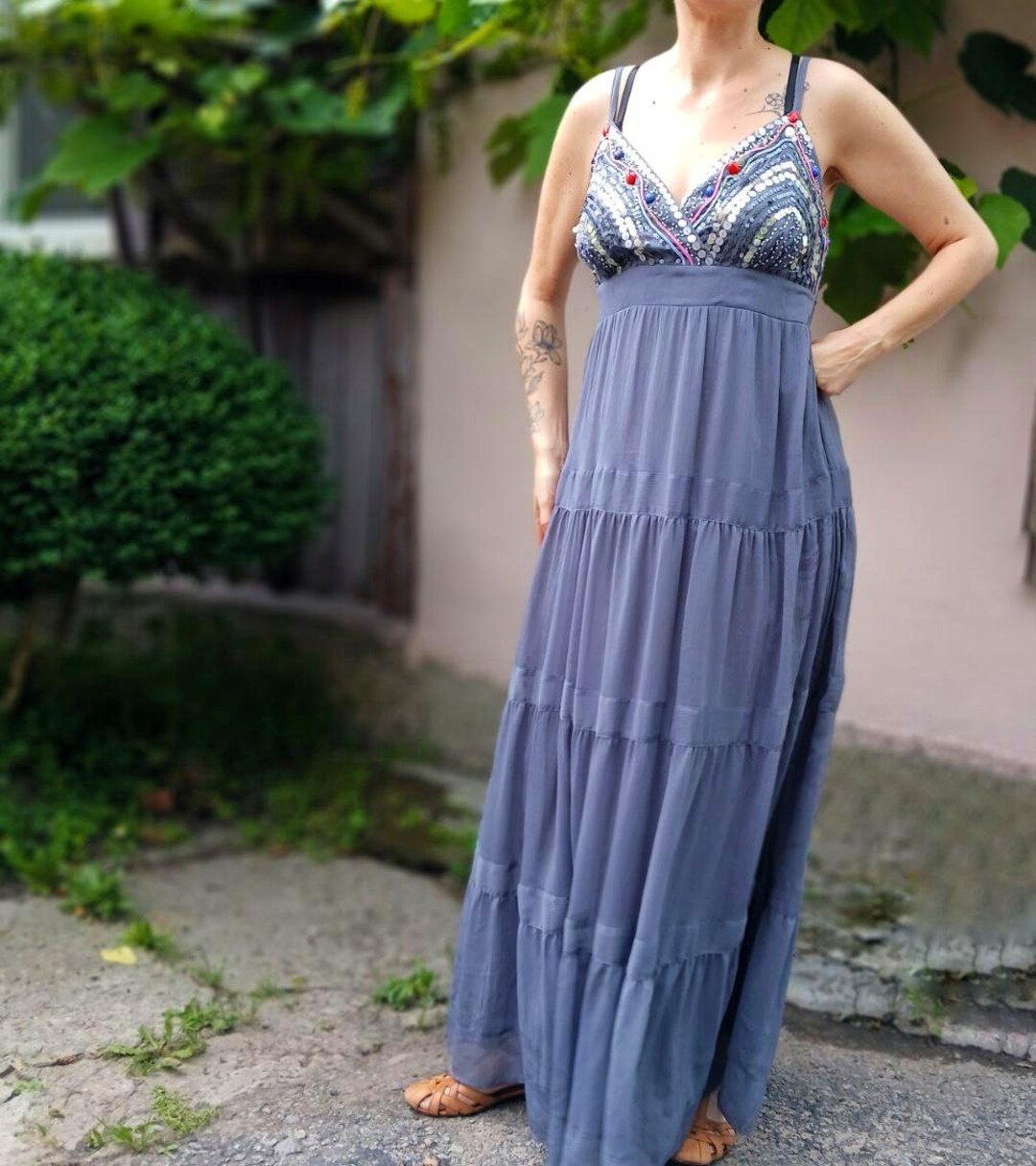 Boho Gray Maxi Summer Sundress With Beaded Embroidery Top Adjustable ...