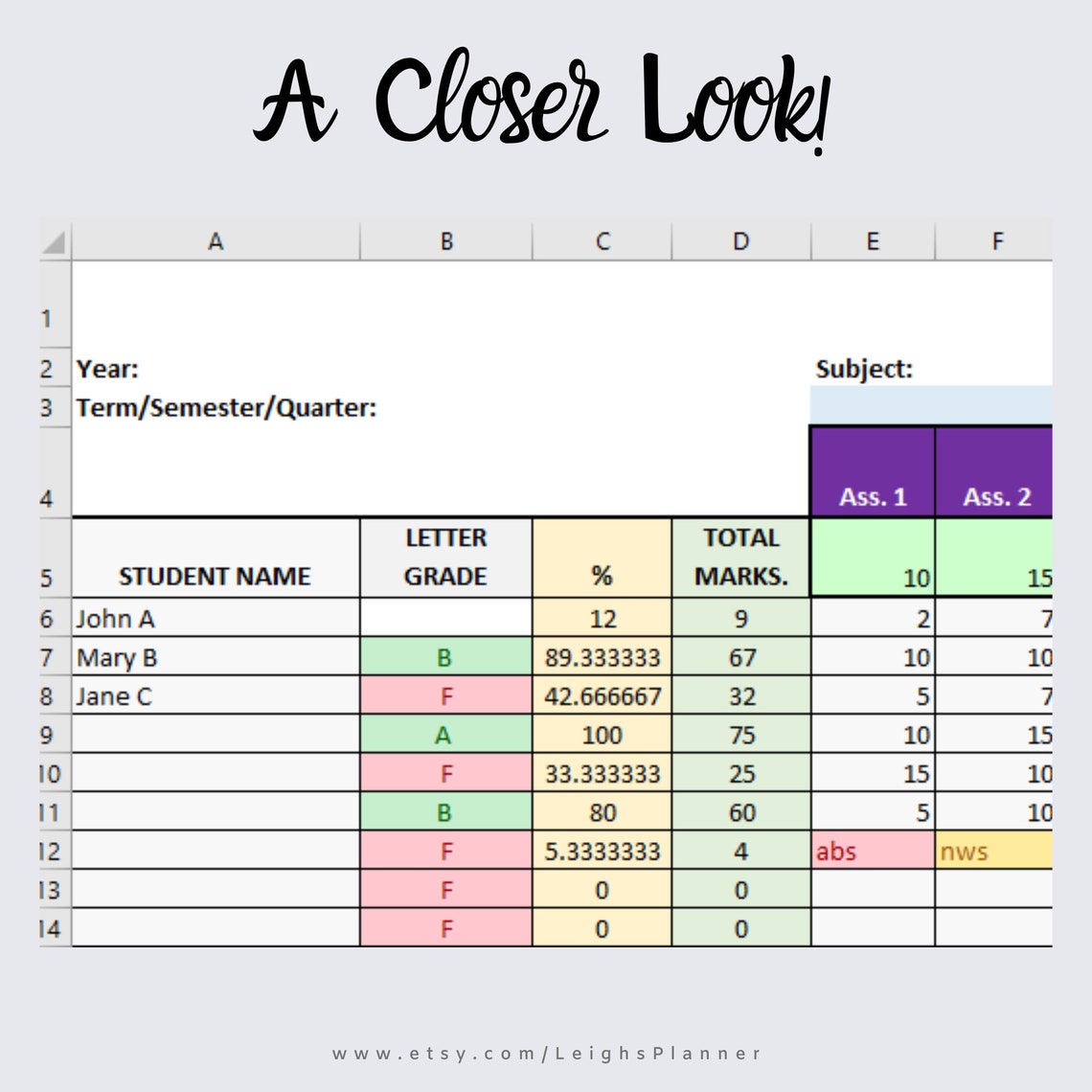 Simple Automatic Excel Grade Book - Etsy