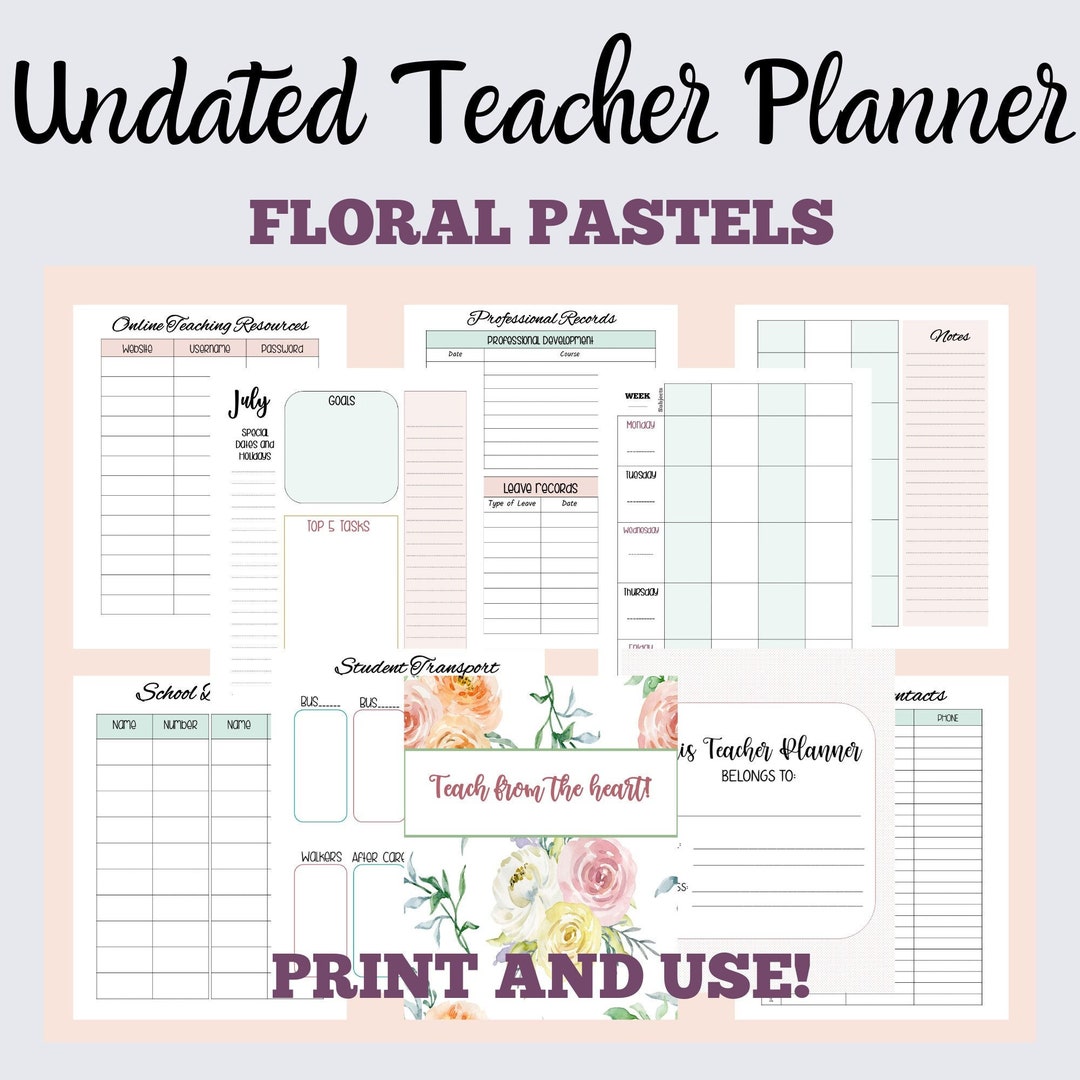 Floral Pastels Undated Teacher Planner Print and Use, Lesson Planner ...