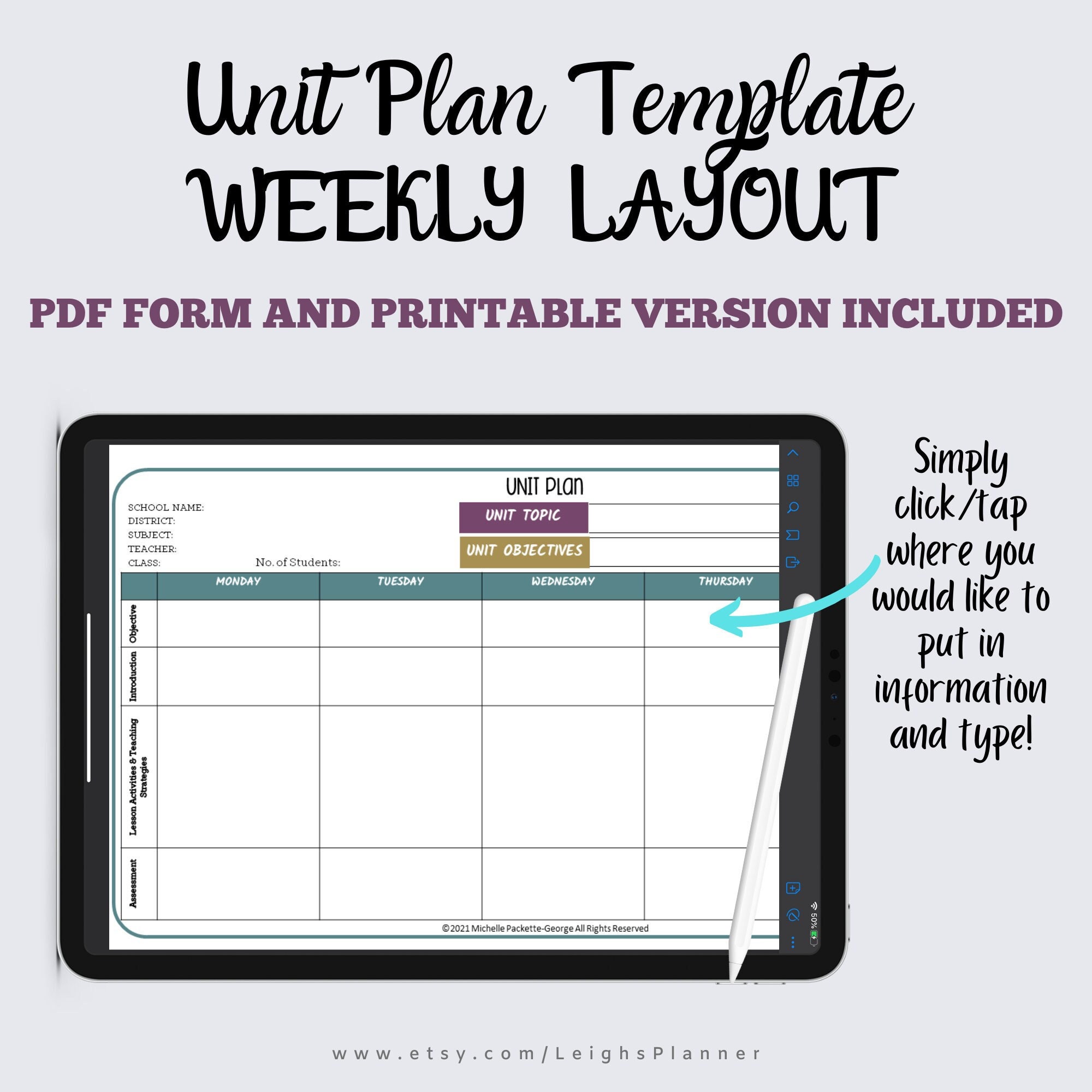 Unit Plan Template Week Layout - Etsy