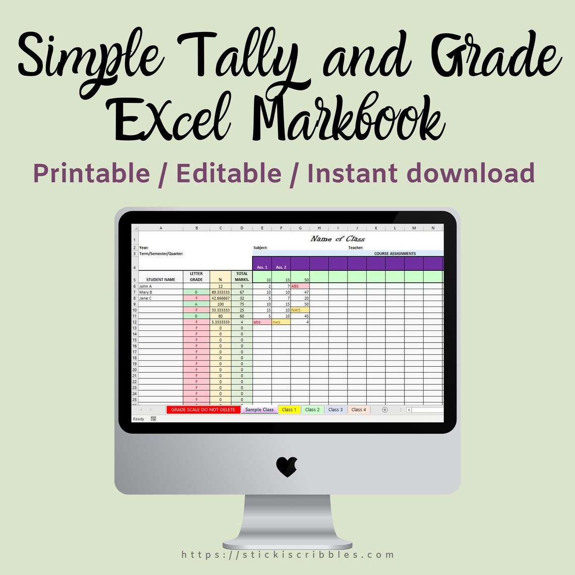 Simple Automatic Excel Grade Book - Etsy