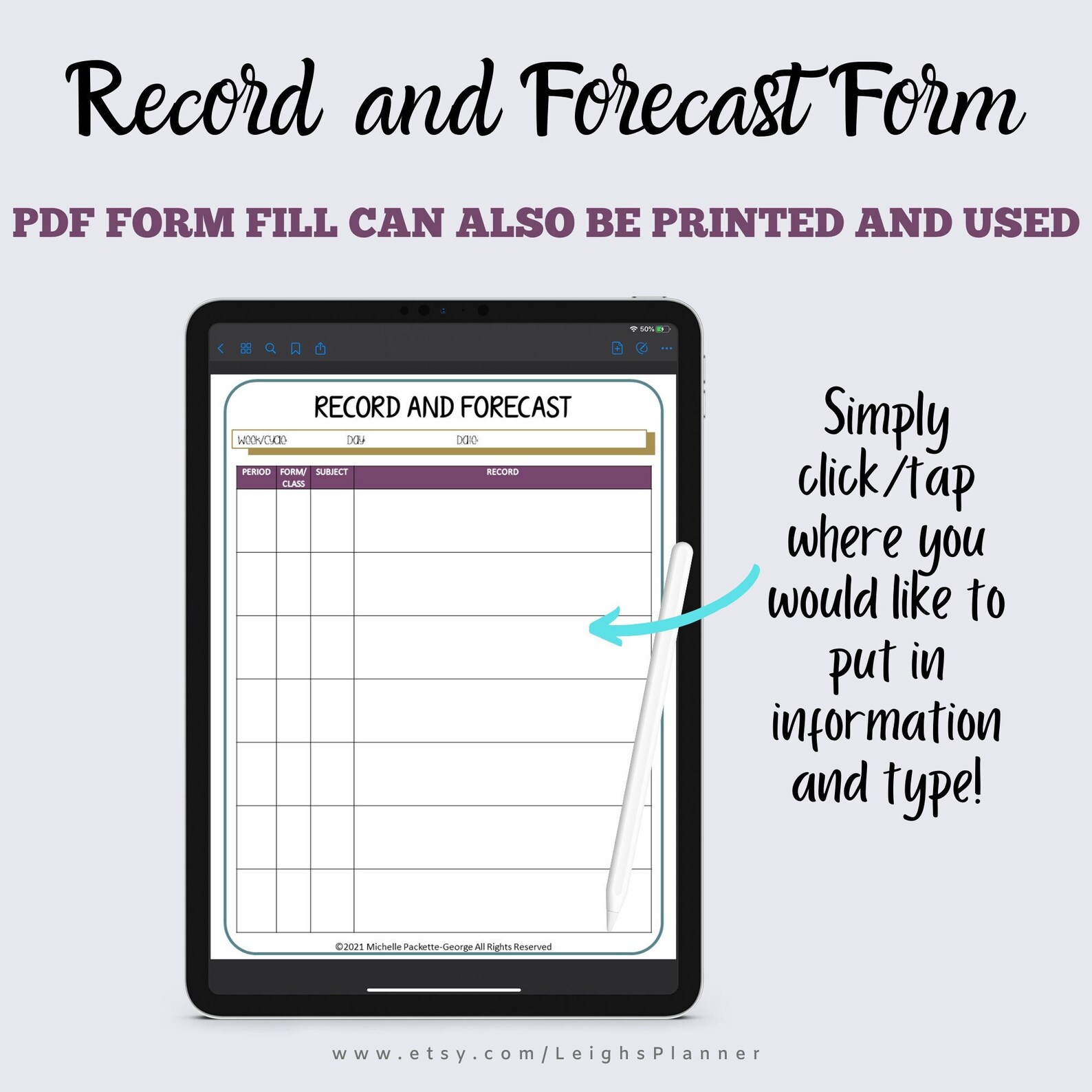 Teacher Record and Forecast Fillable PDF Form - Etsy