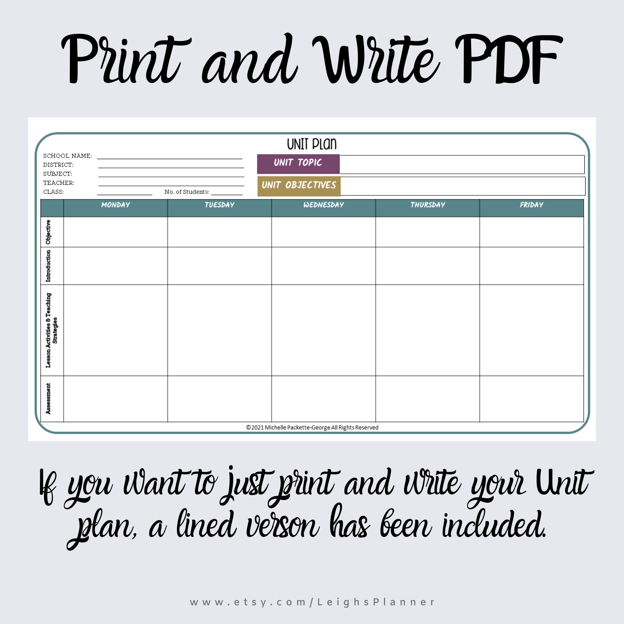 Unit Plan Template - Week Layout - Etsy