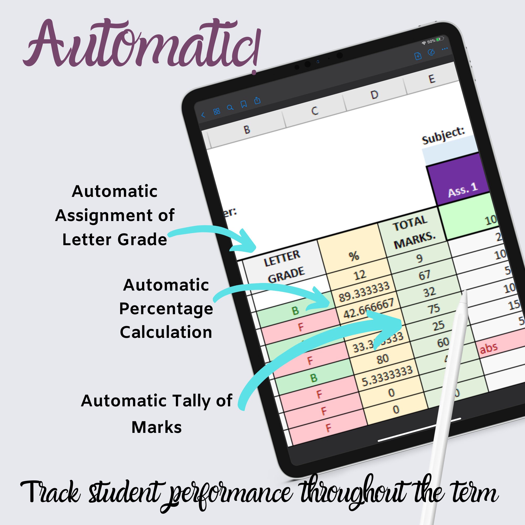 Simple Automatic Excel Grade Book - Etsy