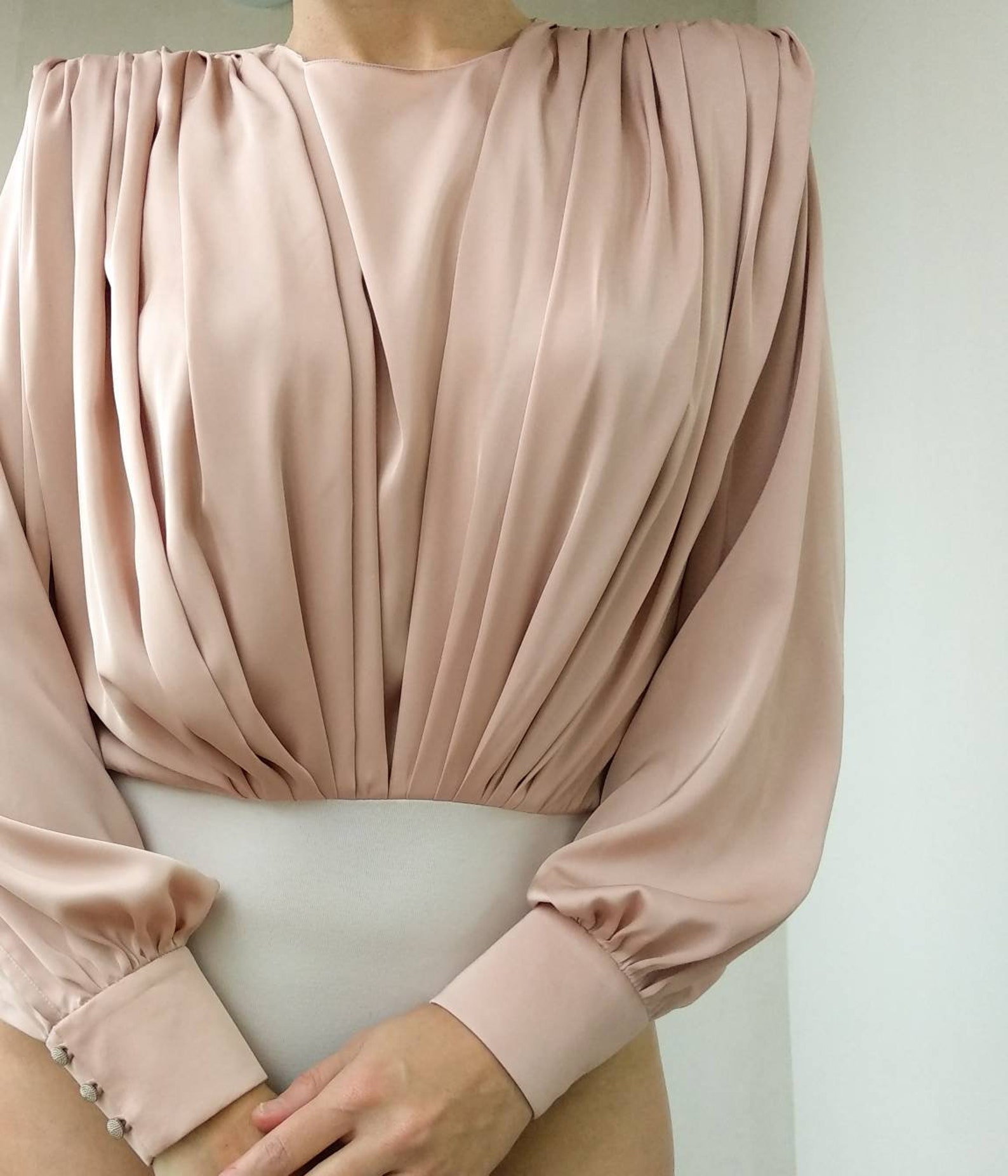 Silk Blouse Bodysuit for Women. Satin Blouse Crew Neck. White - Etsy