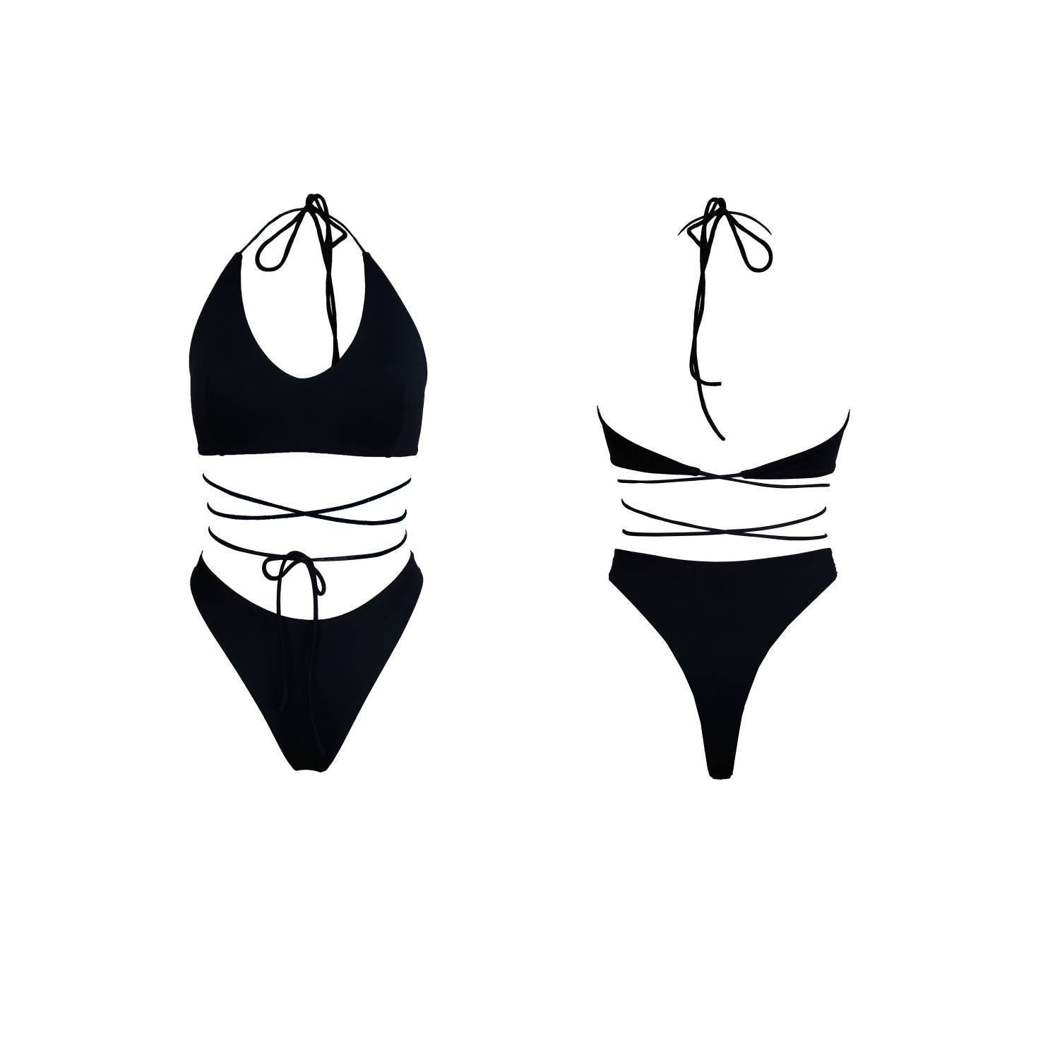 Black Thong Bikini Set Spaghetti Straps Double Lined High Leg Etsy