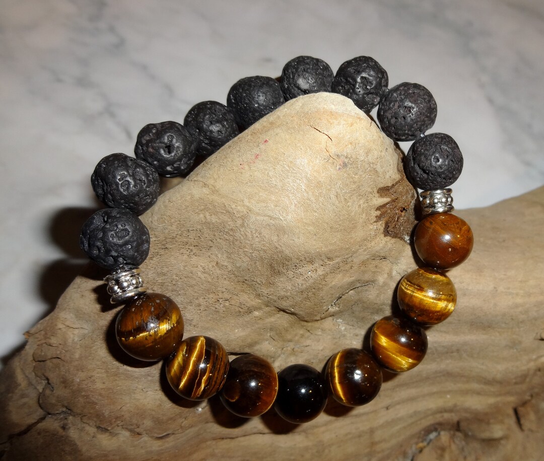 Tiger Eye and Black Lava Stone Essential Oil Diffuser Stretch Bracelet ...