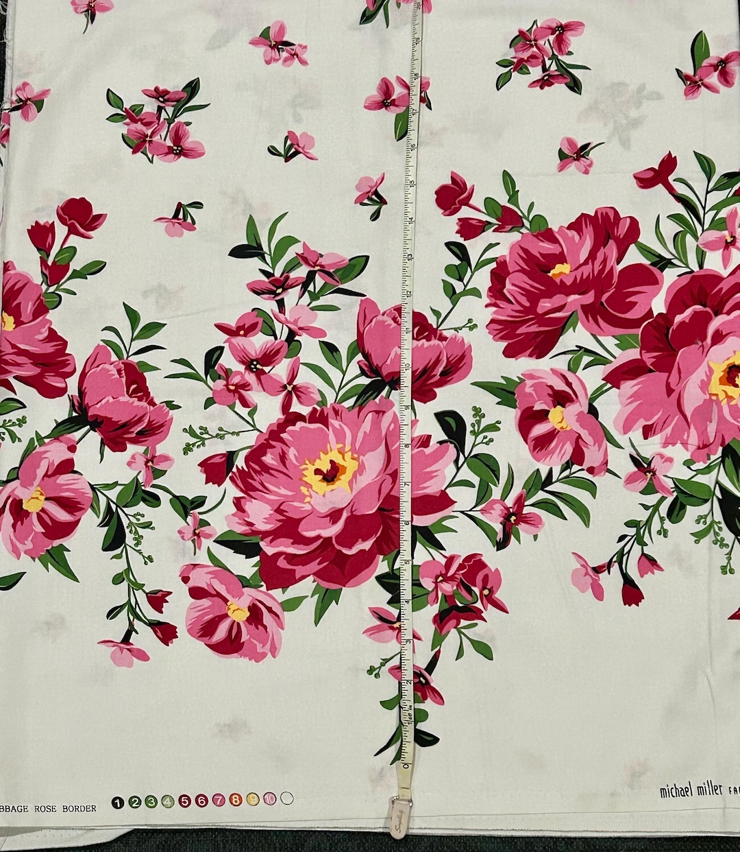 Michael Miller Pink Cabbage Rose Border Print Fabric 2.16 Yards by 43 ...