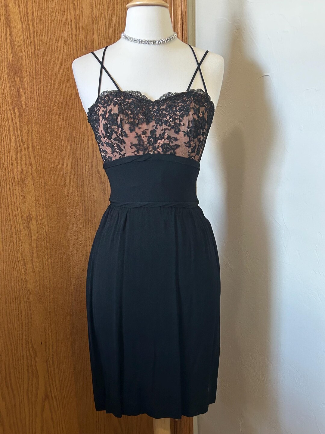 Vintage 1950s Peggy Hunt Black Rayon & Nude Illusion Lace Pencil Dress ...